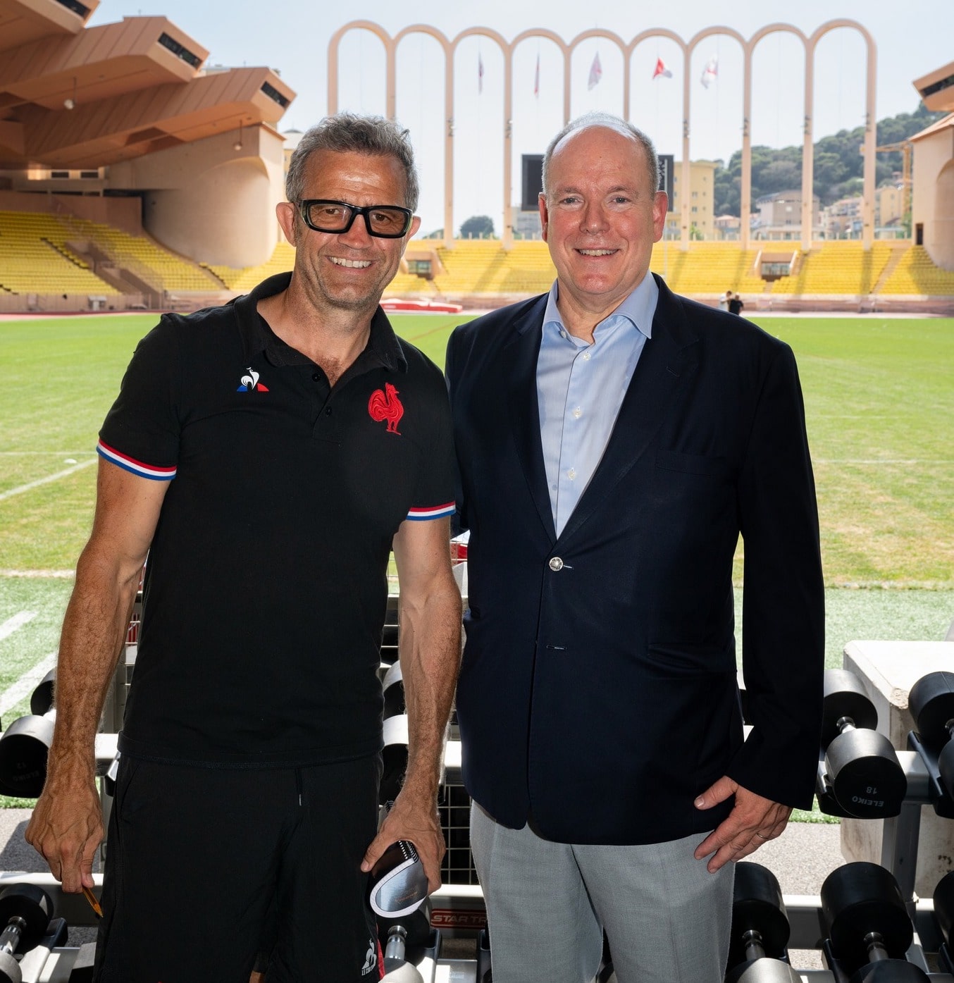 Le Prince Albert II à la rencontre du XV de France, en préparation à Monaco