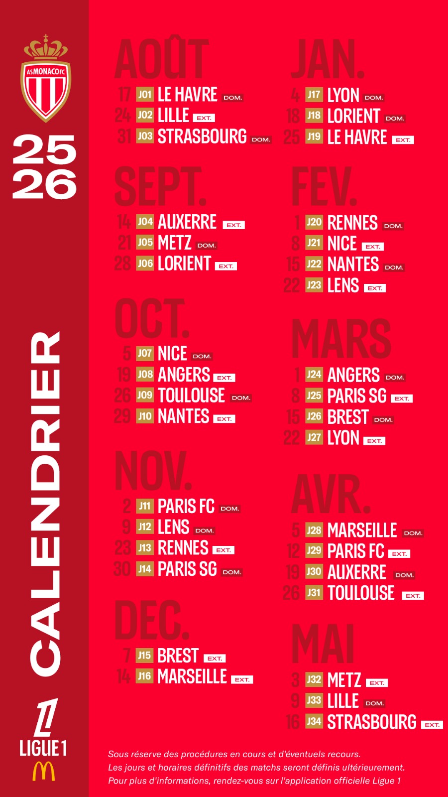 AS Monaco's 2025/2026 Ligue 1 fixture list revealed